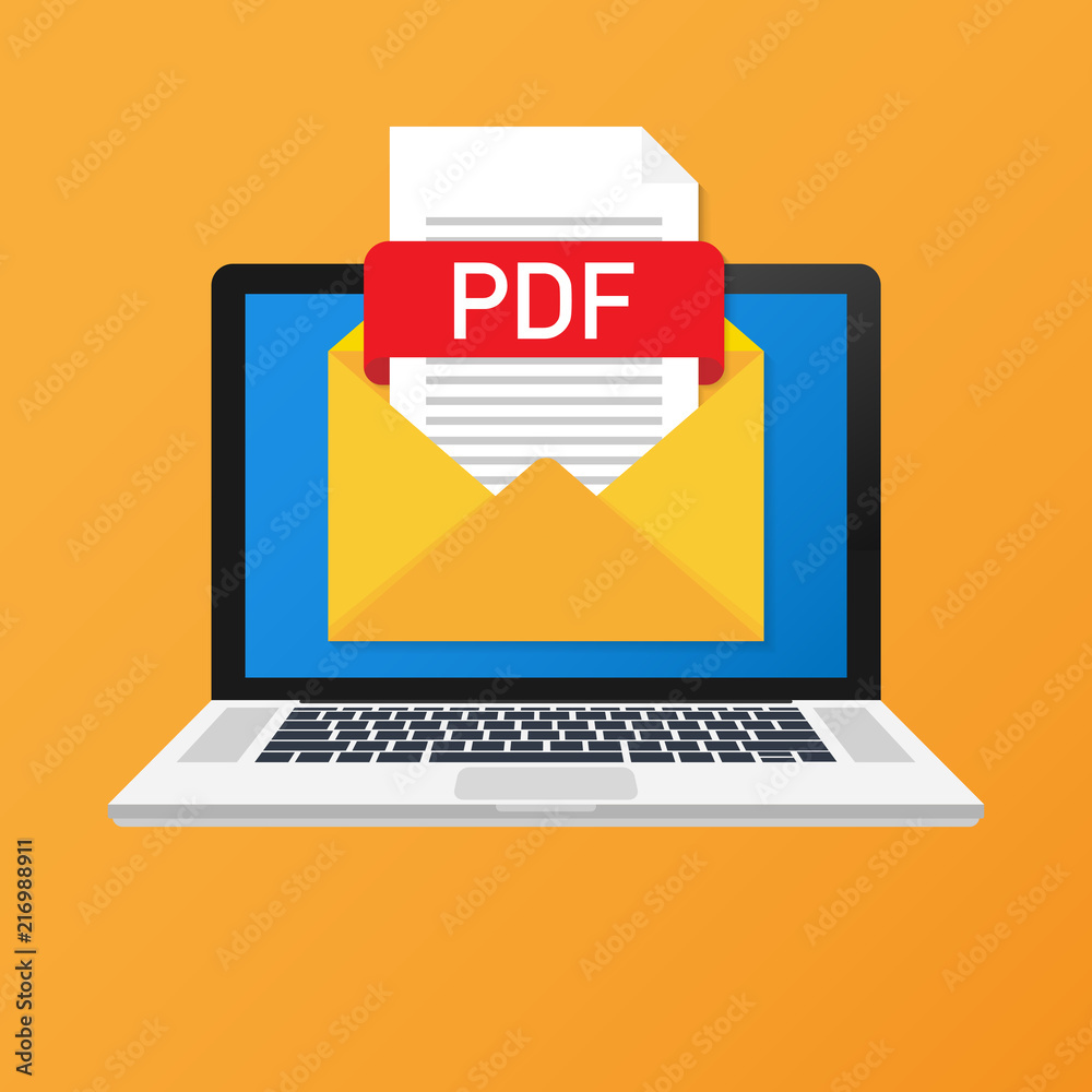 Laptop with envelope and PDF file. Notebook and email with file ...