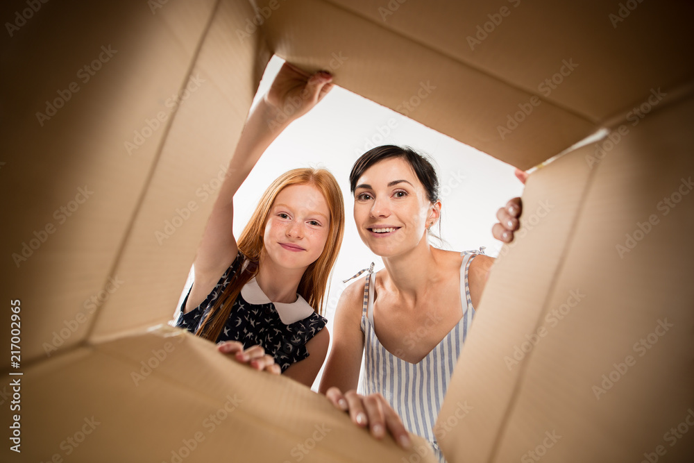 The surprised mom and daughter unpacking, opening carton box and ...