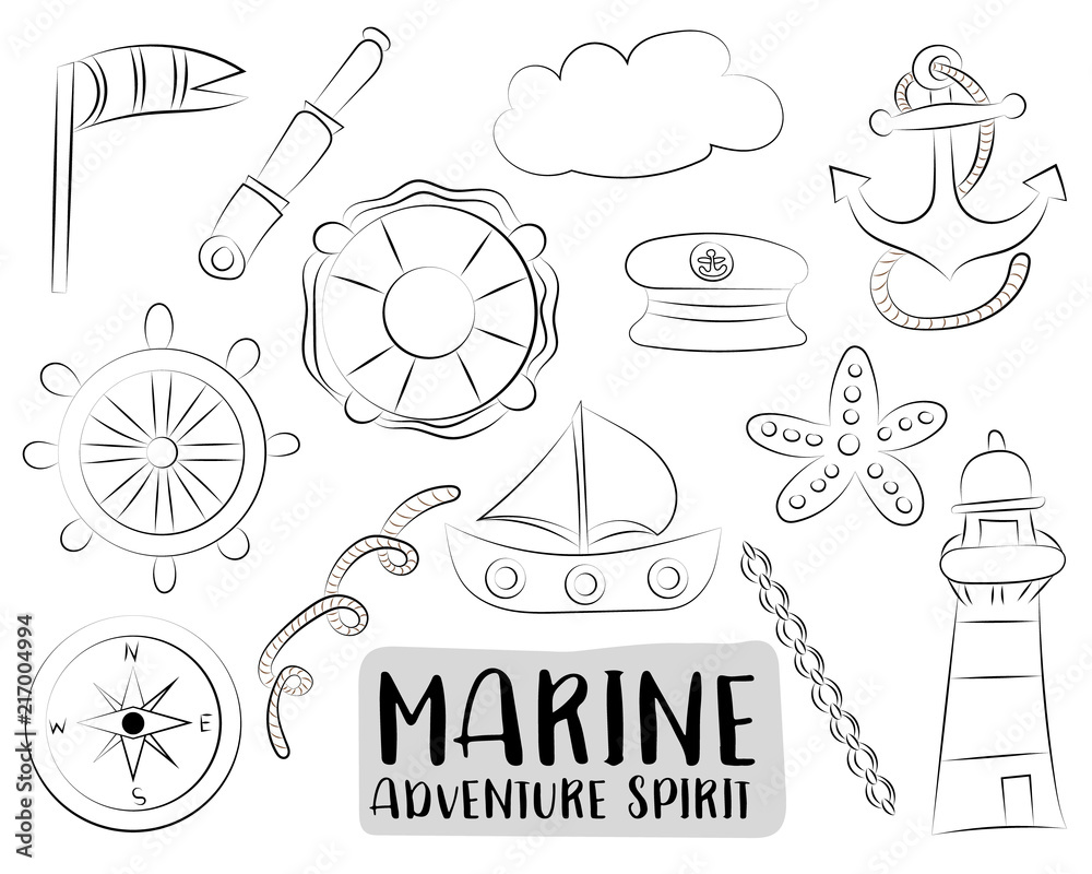 Marine nautical travel icons set. Black and white hand drawn outline ...