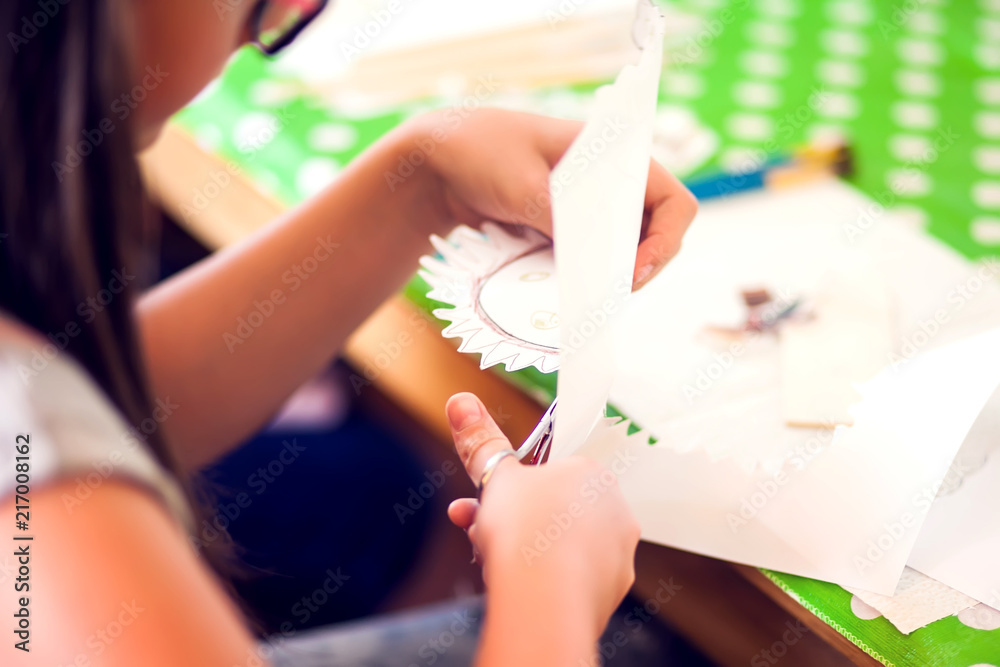 Children hands making artworks with wood and paint crafts. workplace ...