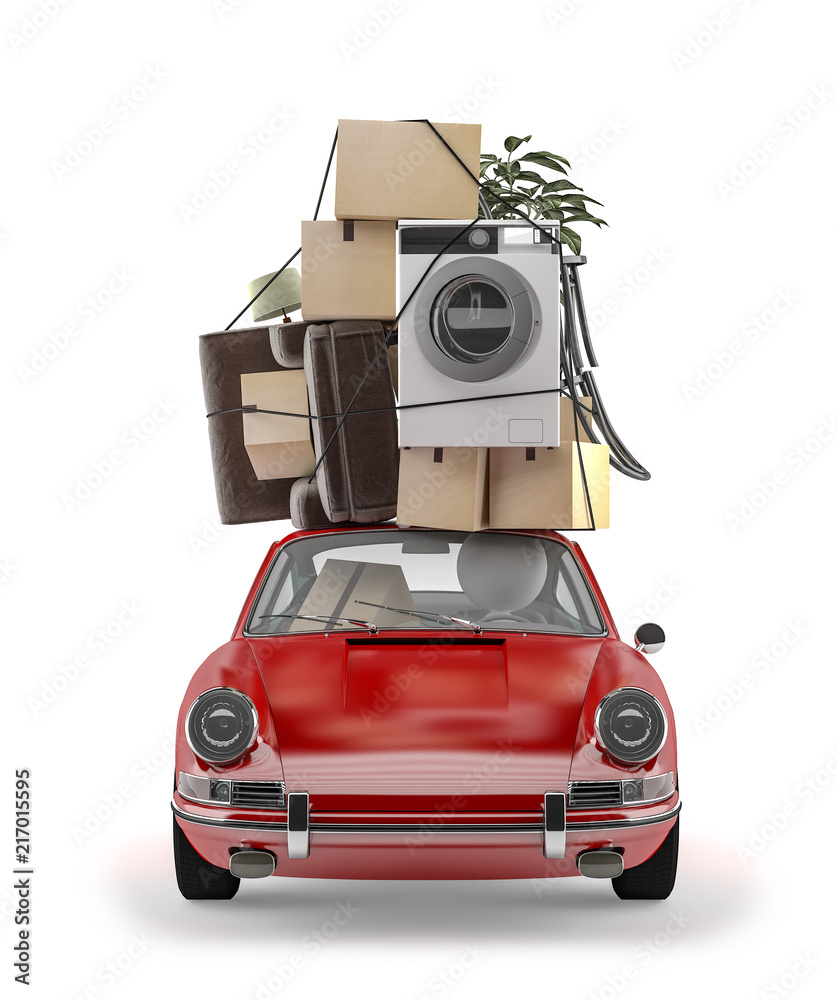 Umzug mit rotem Kleinwagen - Frontansicht mit viel Gepäck Stock ...