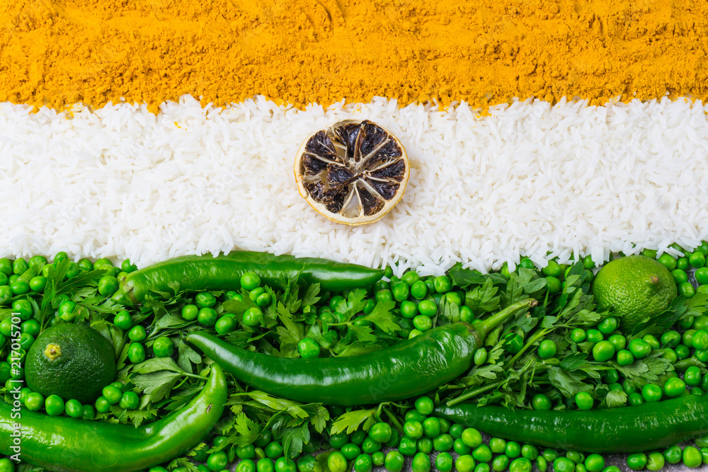 Indian flag with vegetables and rice. Vegetarian indian food. Top view ...