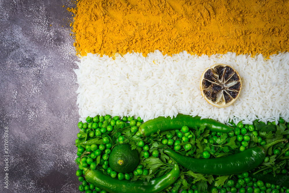 Indian flag with vegetables and rice. Vegetarian indian food. Top view ...