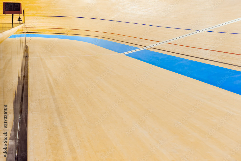 Velodrome cycling track empty curved high wooden floor with markings ...