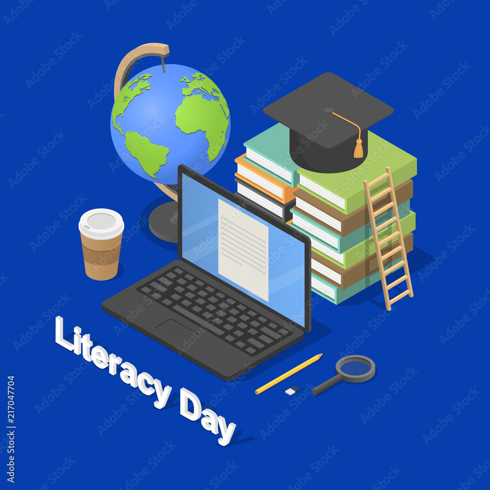Literacy Day book international library banner concept. Isometric ...