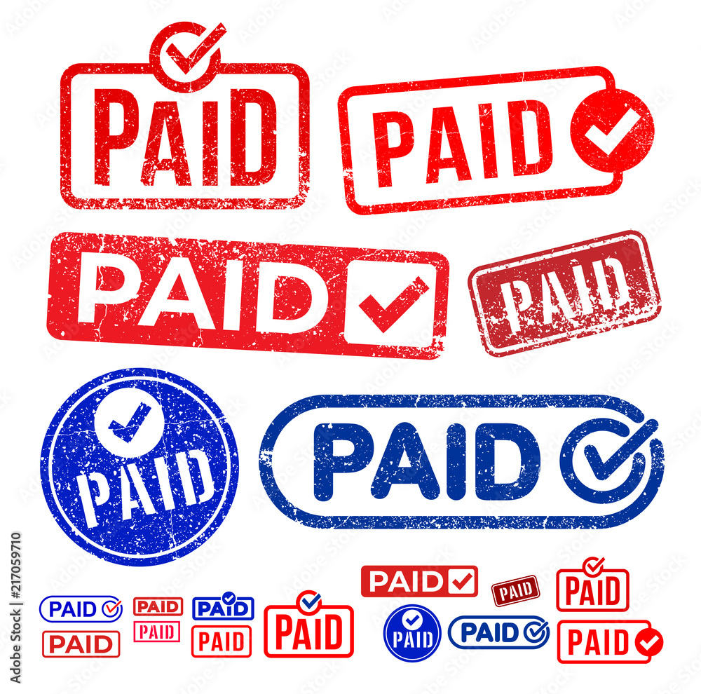 Set of Paid rubber stamp red, blue, grunge with check mark. Vector ...