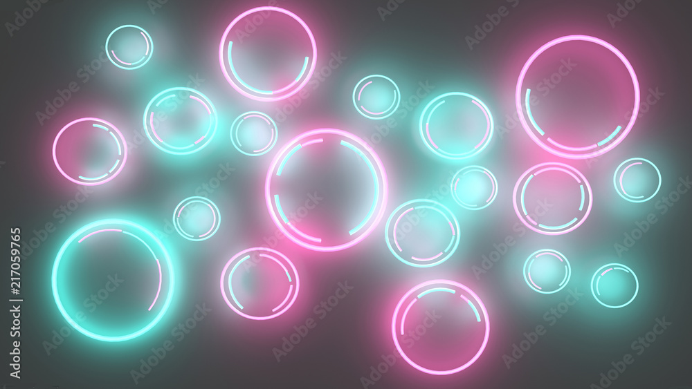 3d illustration of neon multicolor blue red bubbles on grey background ...