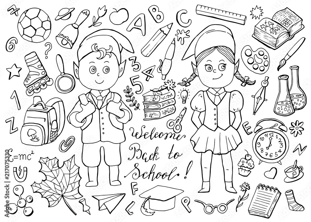 Design black and white set with schoolgirl, schoolboy and school ...