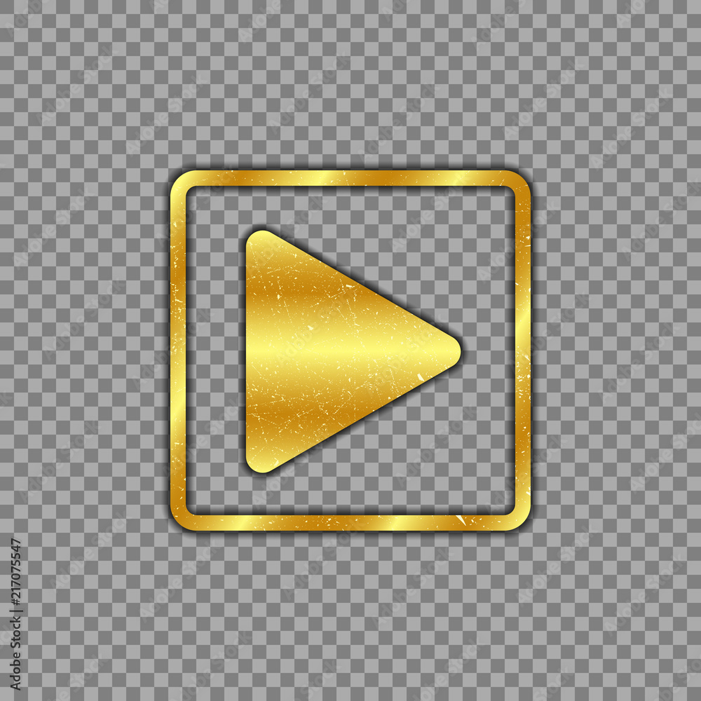 Metallic gold plated play button on isolated transparent background ...