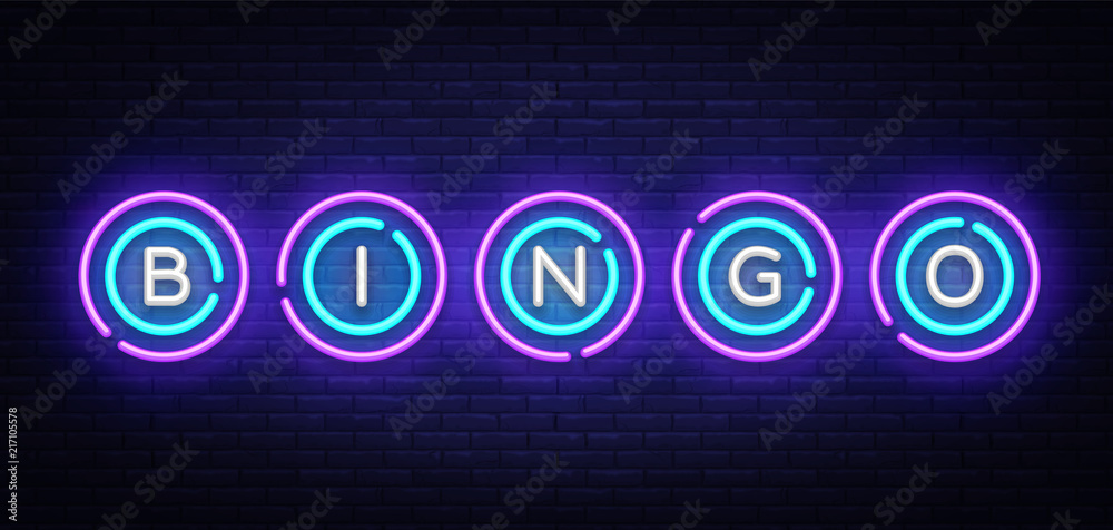 Bingo neon sign vector design template. Lotto symbols neon logo, light ...