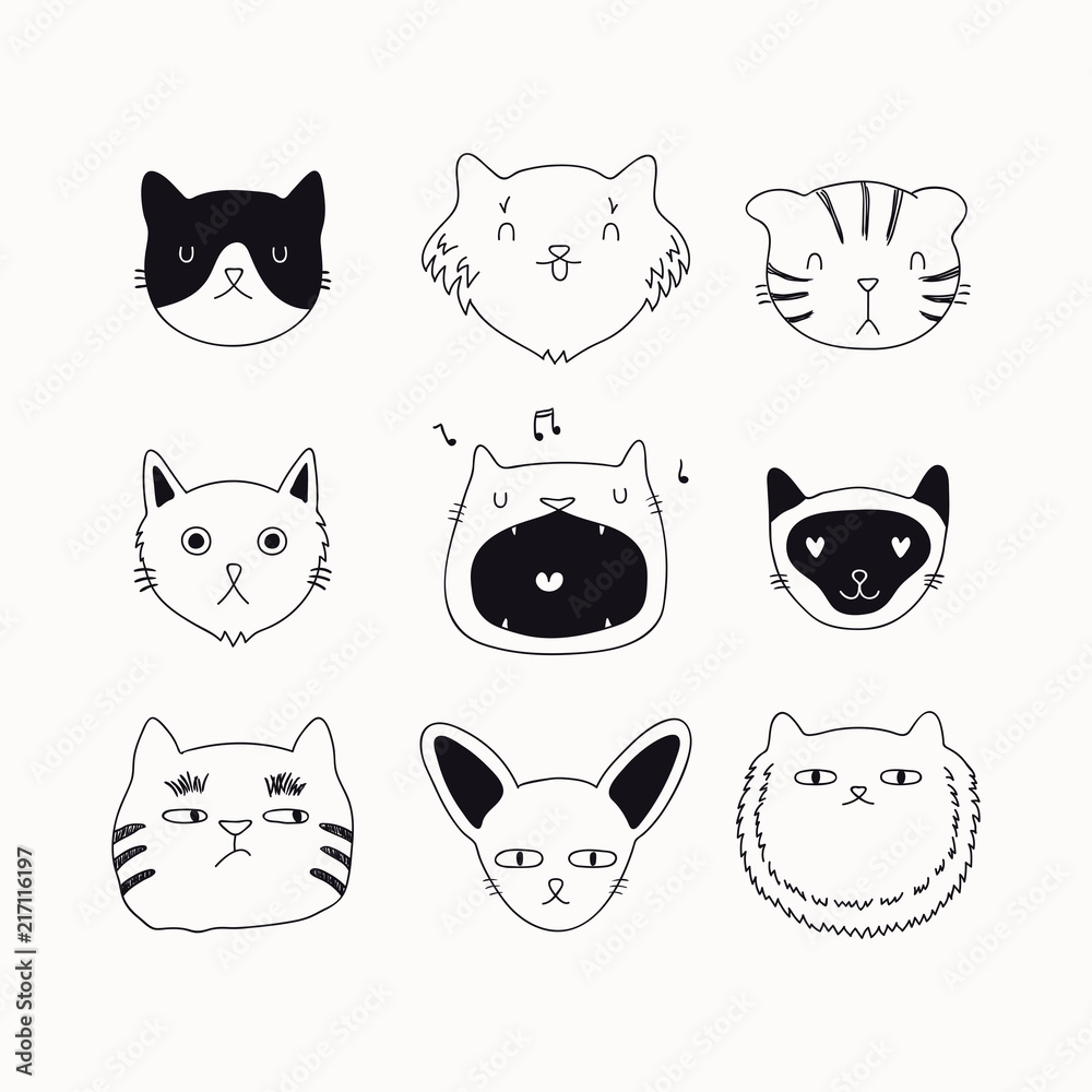 Set of cute funny black and white doodles of different cats faces ...