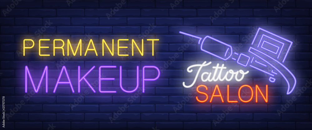 Permanent makeup neon text with tattoo machine. Tattoo salon or studio ...