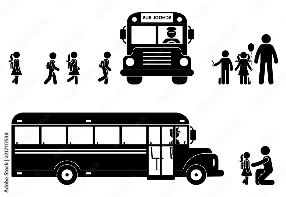 Stick figure children boarding bus icon. Back to school boys and girls ...