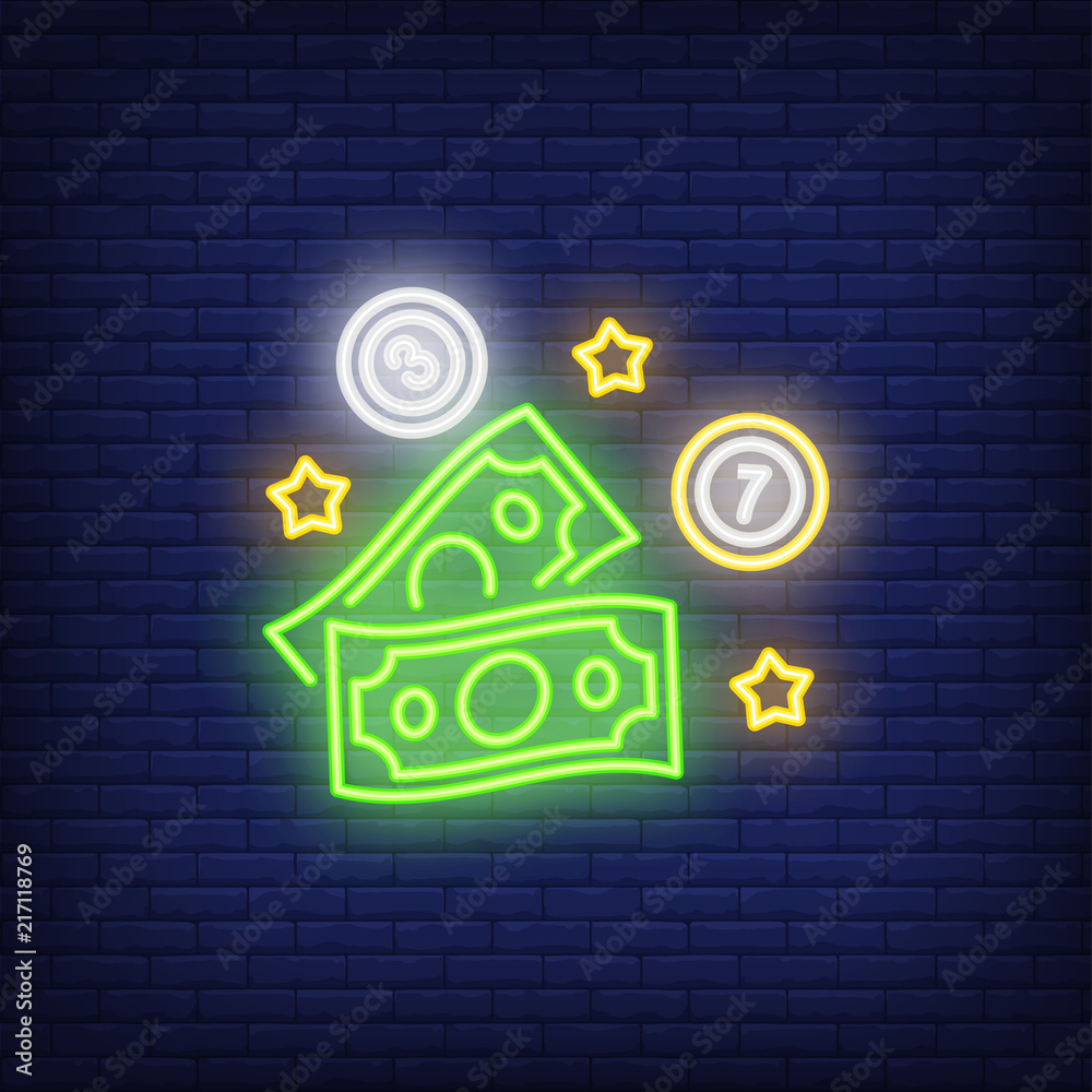 Vecteur Stock Neon icon of lottery prize. Money, balls and stars on ...