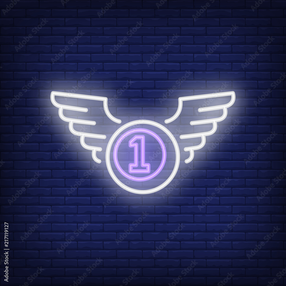 Ball with wings neon sign. White award for winning. Night bright ...