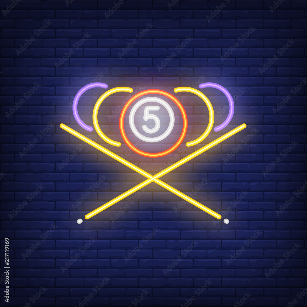 Vektorová grafika „Billiard balls and cues neon sign. Cross of pool ...
