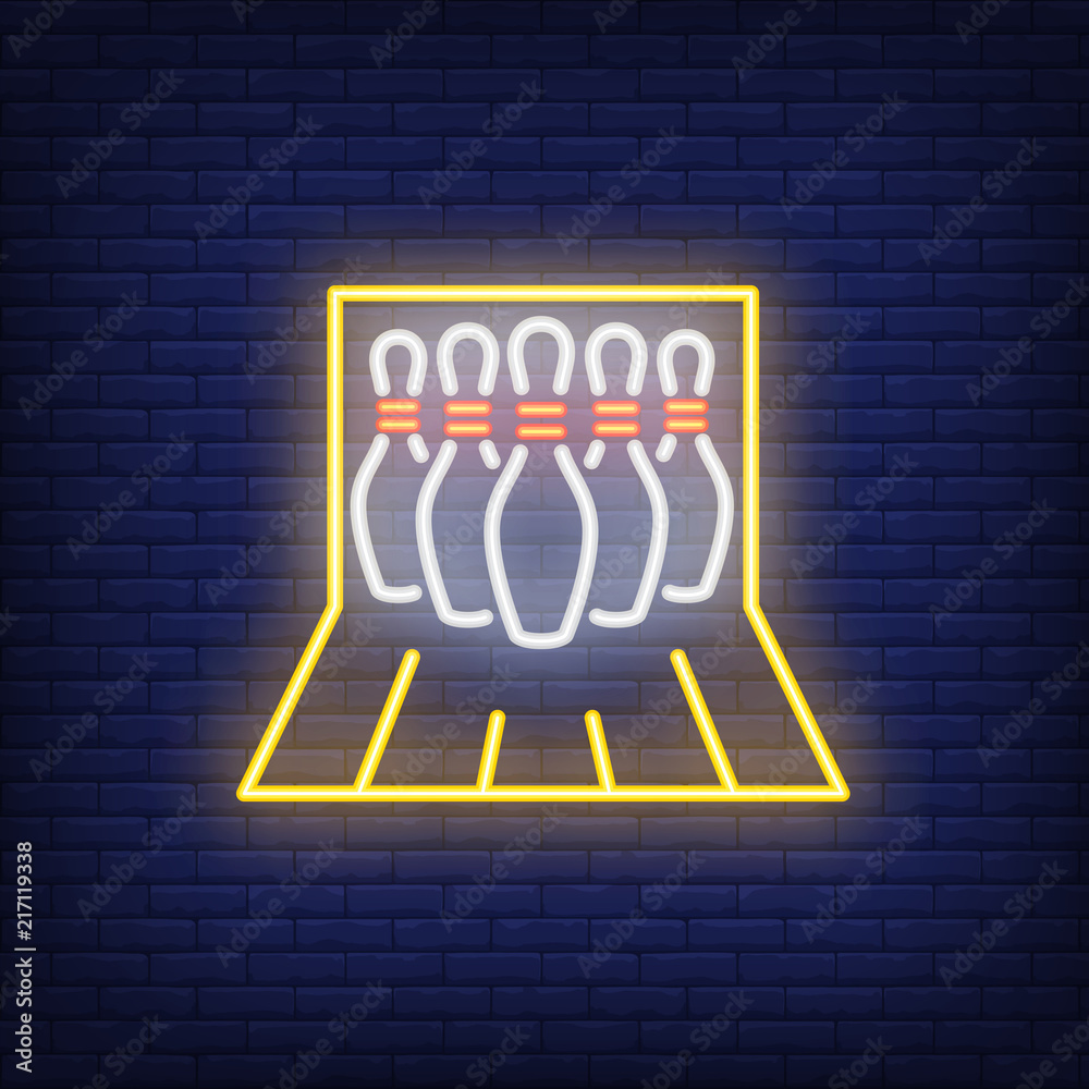 Bowling pin set neon sign. White pins in yellow frame. Night bright ...