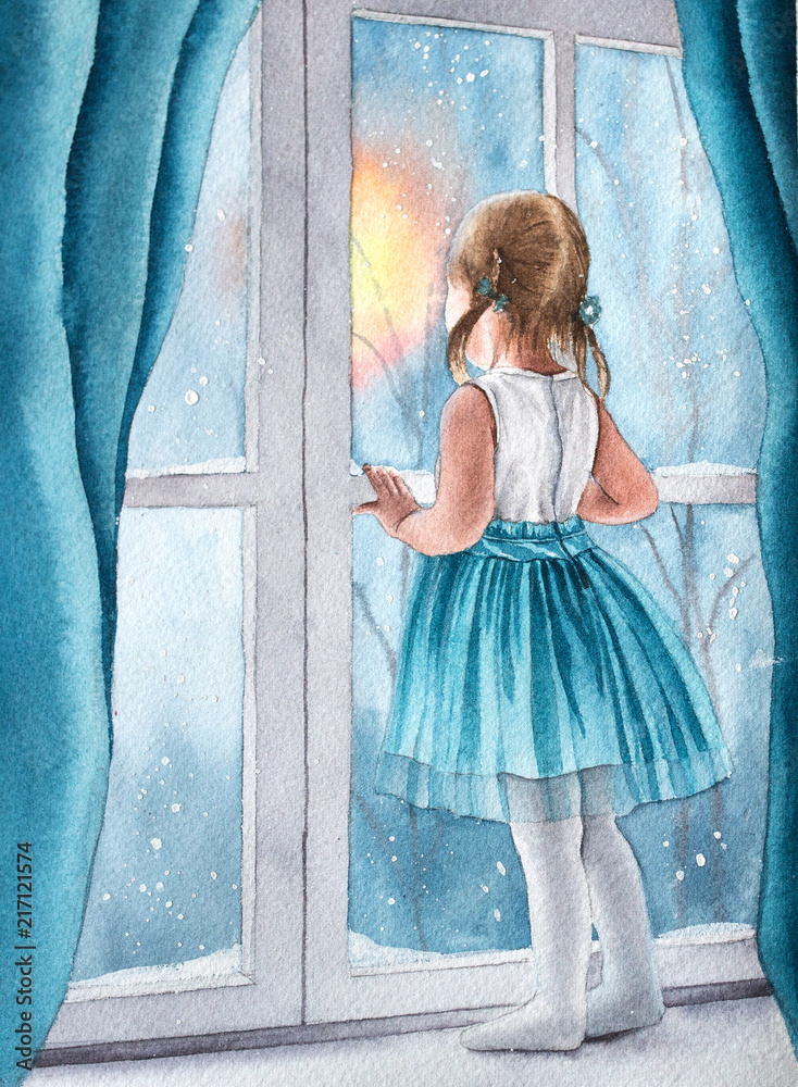 Watercolor girl near window. Hand drawn illustration. Stock ...