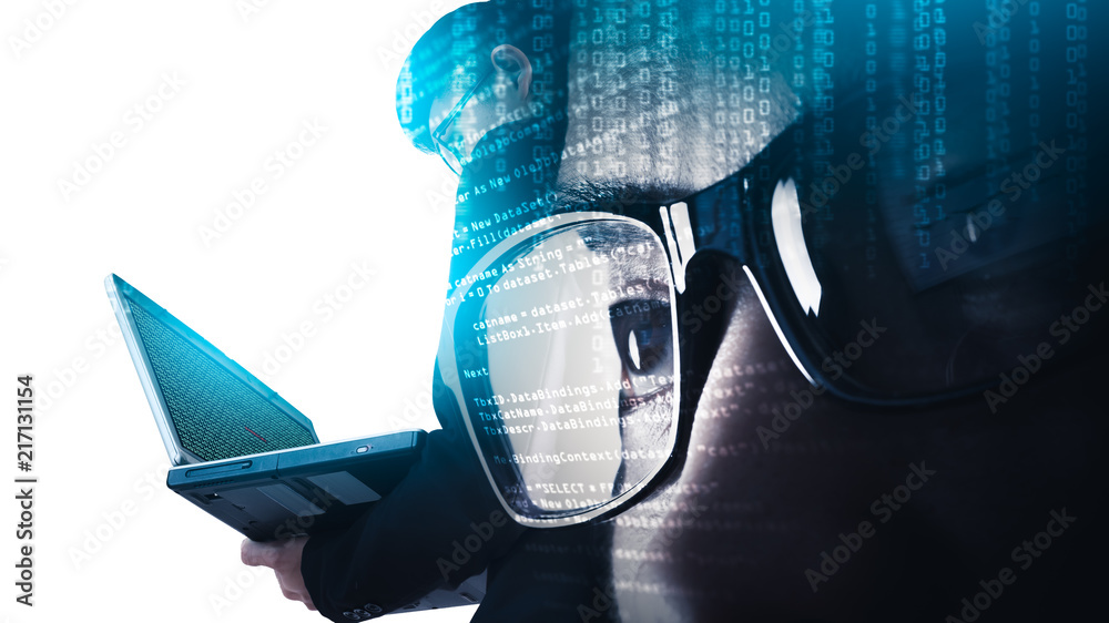 The double exposure image of the businessman using a laptop overlay ...