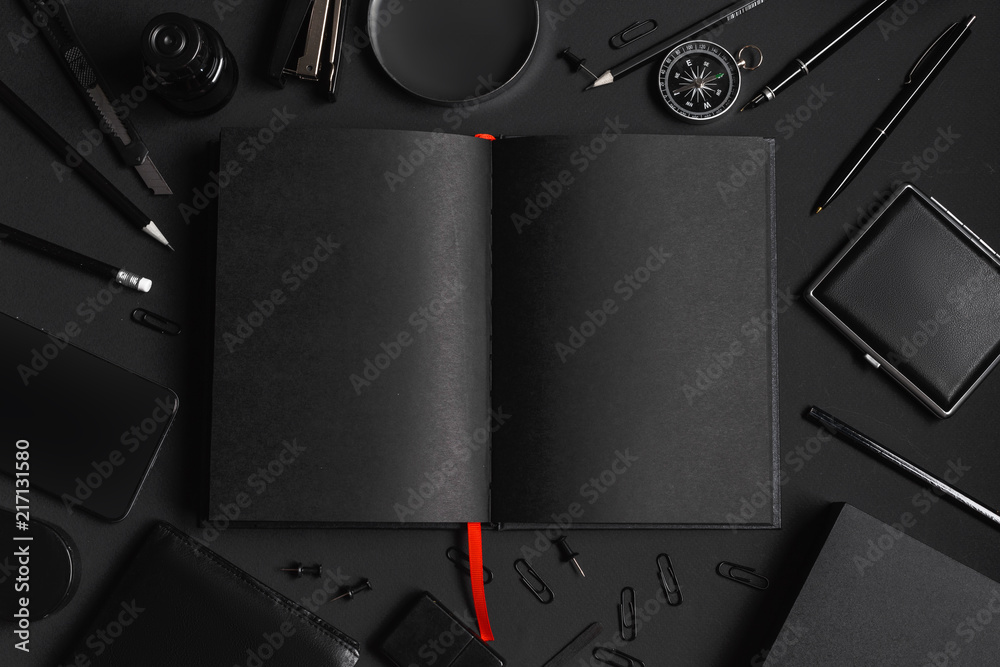 Set of black identity elements on black paper background. Black ...