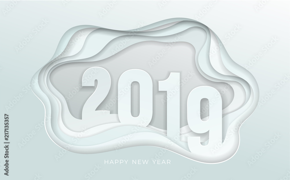 2019 White number text design typography pattern. Paper art and digital ...