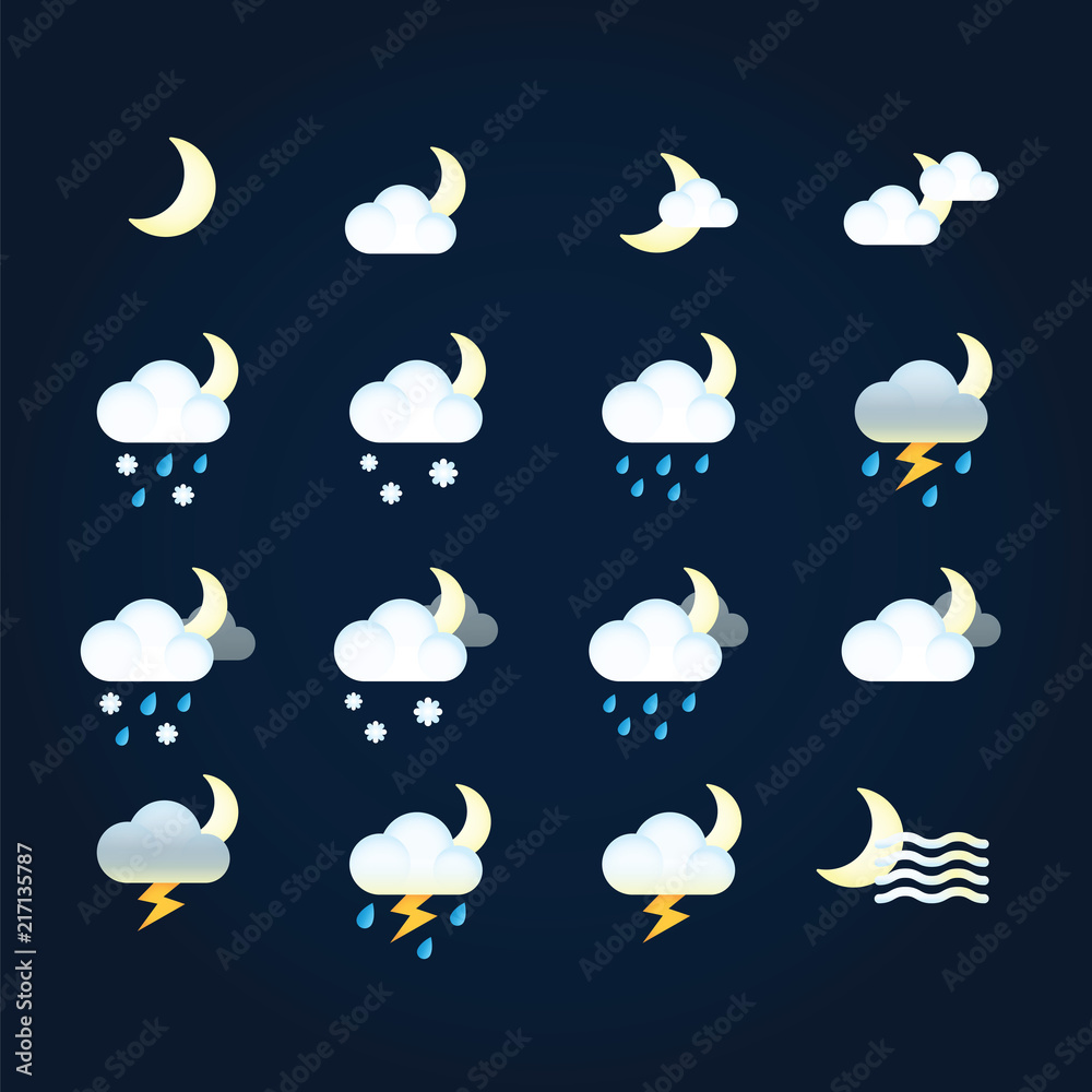 Weather icons sun and clouds in night sky, rain with snow, thunder and ...