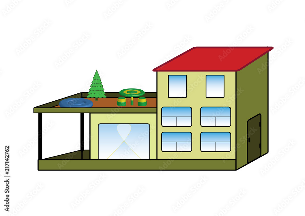 Cartoon color villa. Illustration of a modern villa with roof terrace ...
