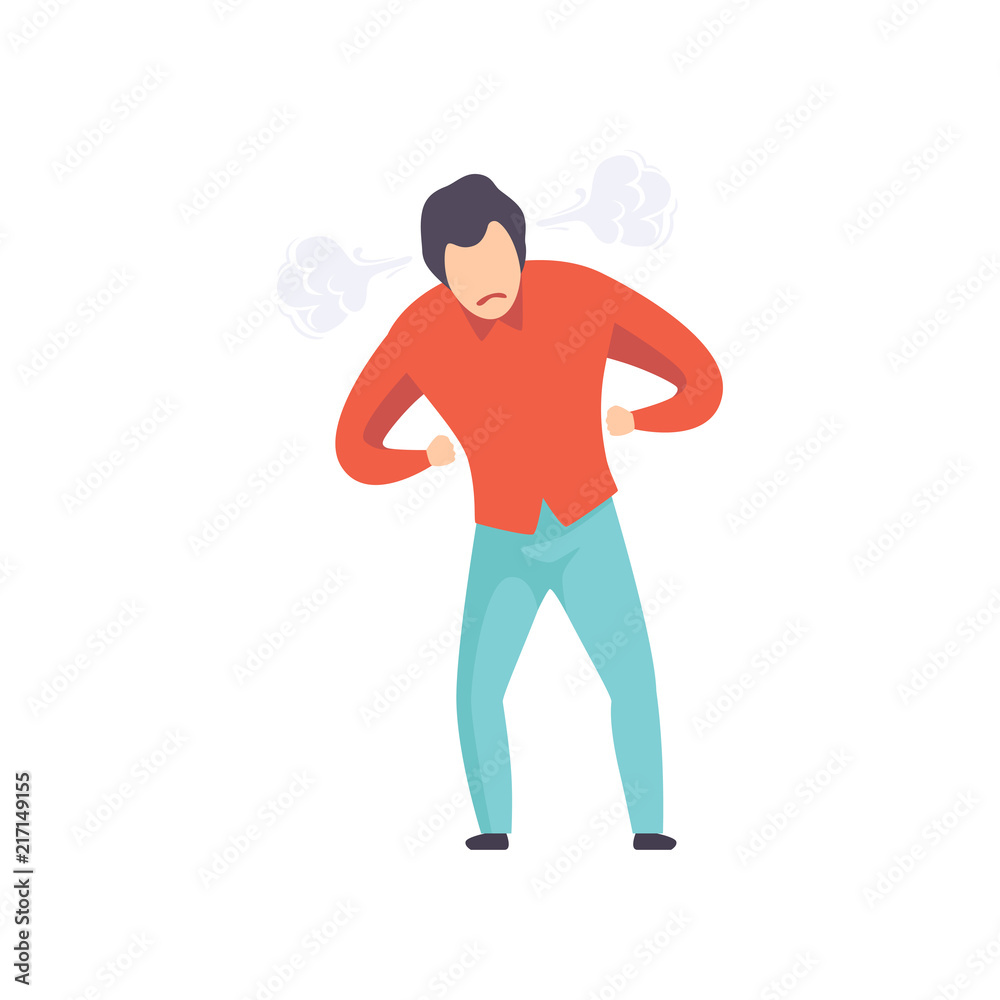 Furious young man with steam blowing from ears, emotional guy feeling ...