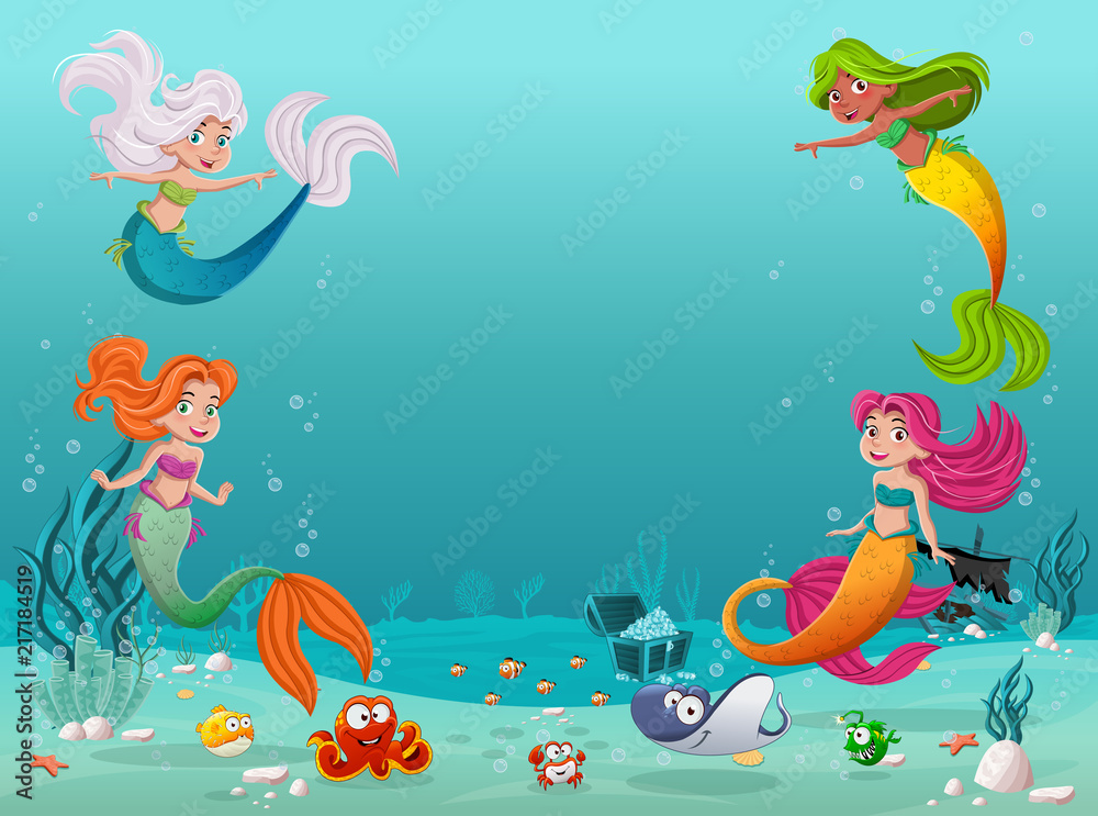 Mermaid children swimming with fish under the sea. Underwater world ...