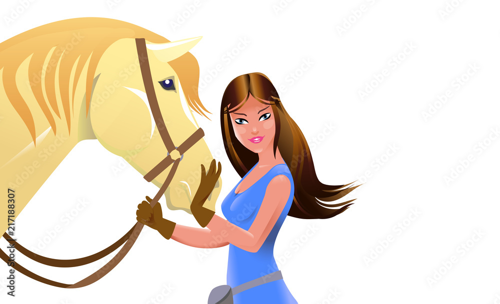 Equine poster with young girl and horse in cartoon style. Vector ...