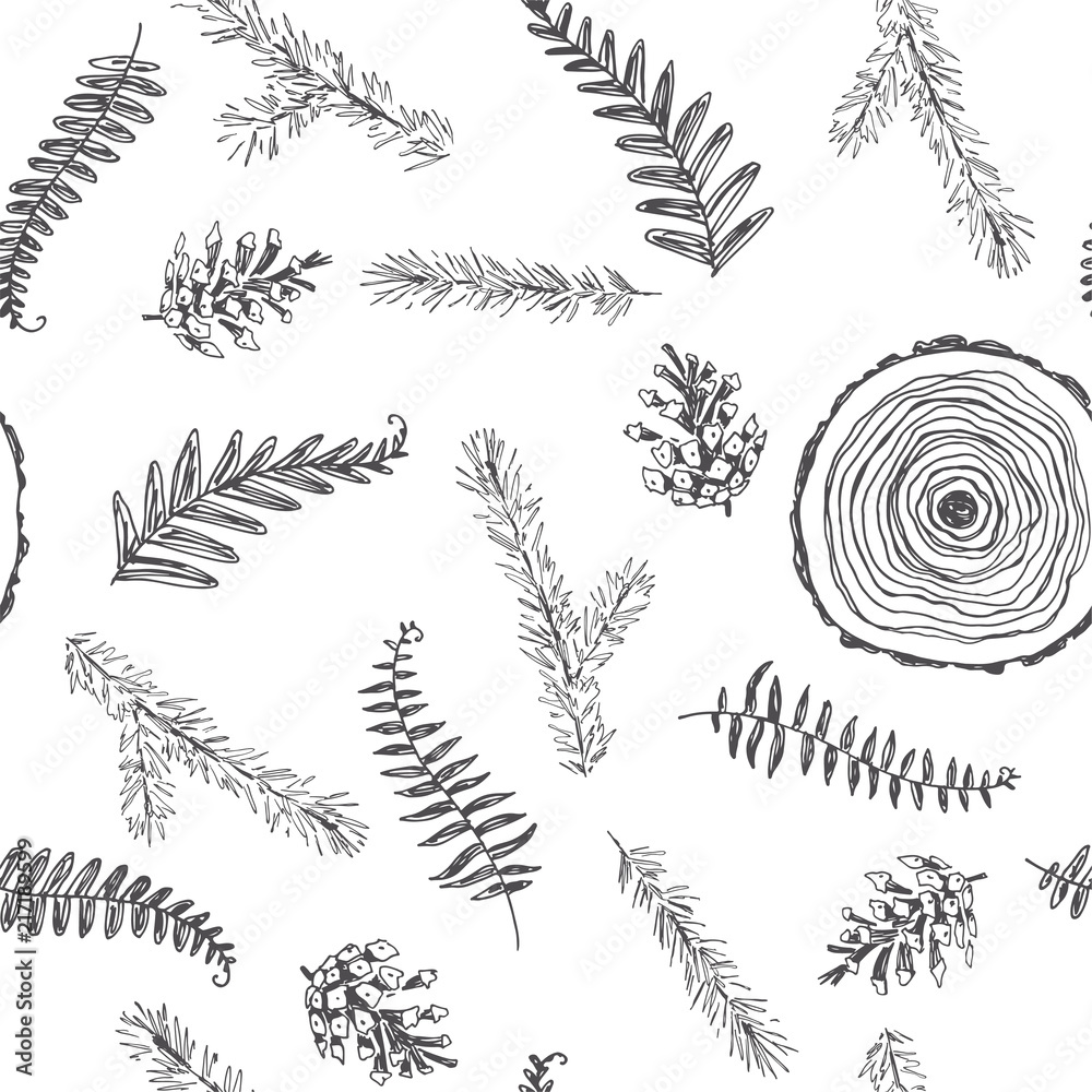 Vector vintage seamless pattern with natural elements isolated on white ...