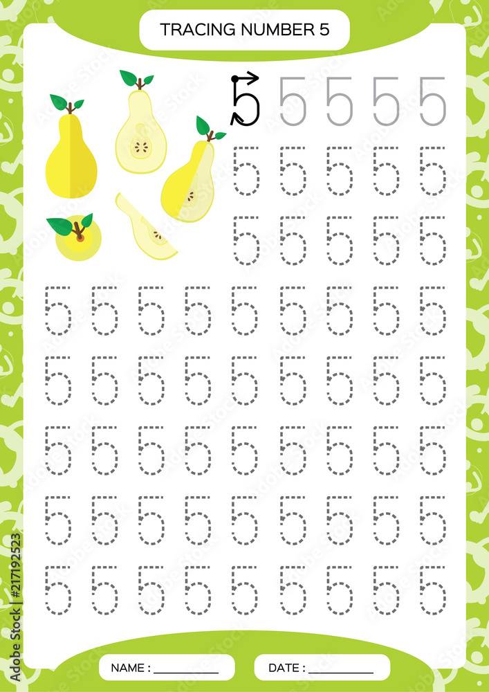 Number 5. Five Tracing Worksheet for kids.. Yellow juicy pear ...