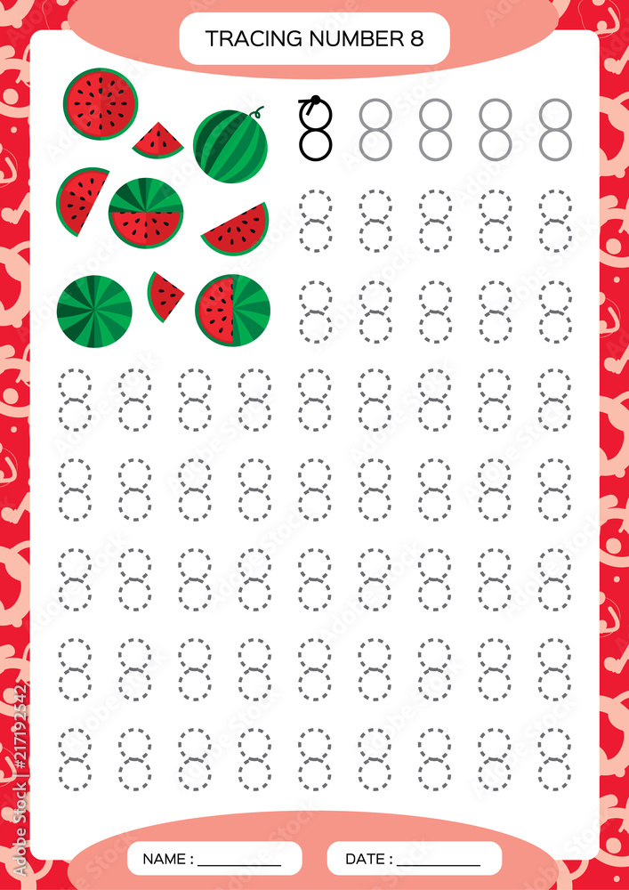 Number 8. Eight . Tracing Worksheet for kids. . Watermelon. Preschool ...