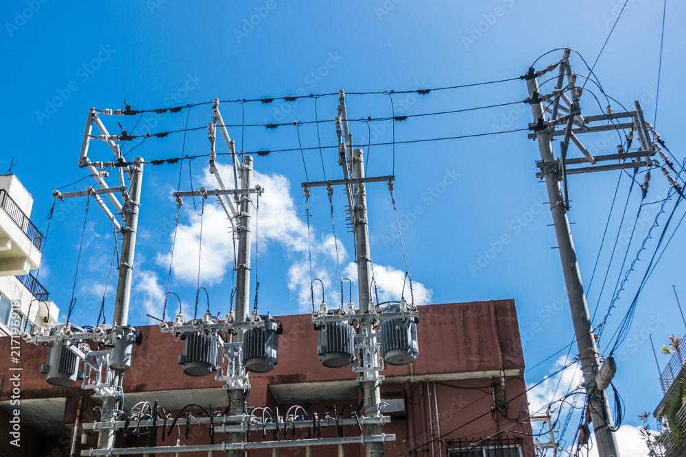 Cable Power Lines in the City, Electricity Pole and Wires with the blue ...