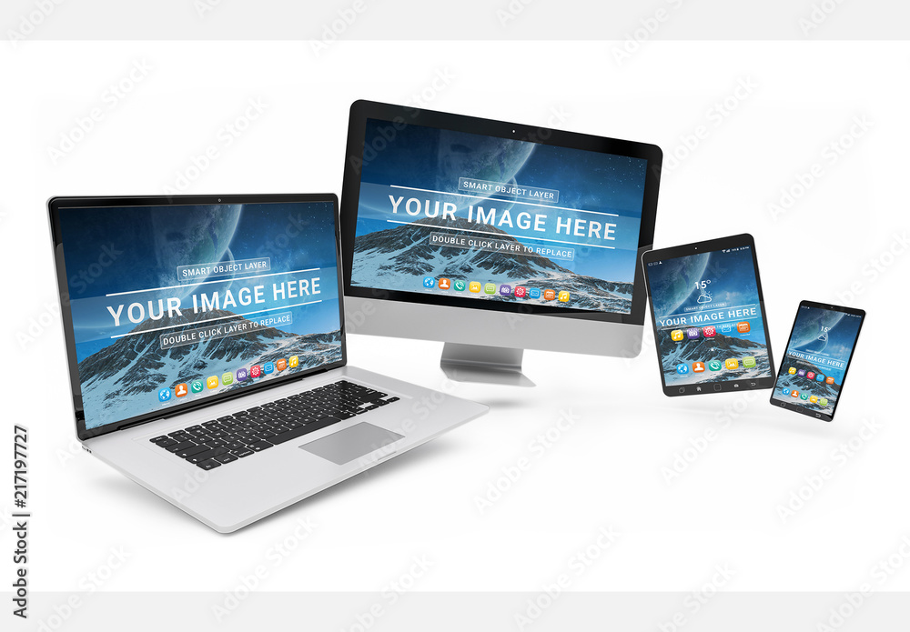 Floating Devices Isolated on White Mockup Stock Template | Adobe Stock