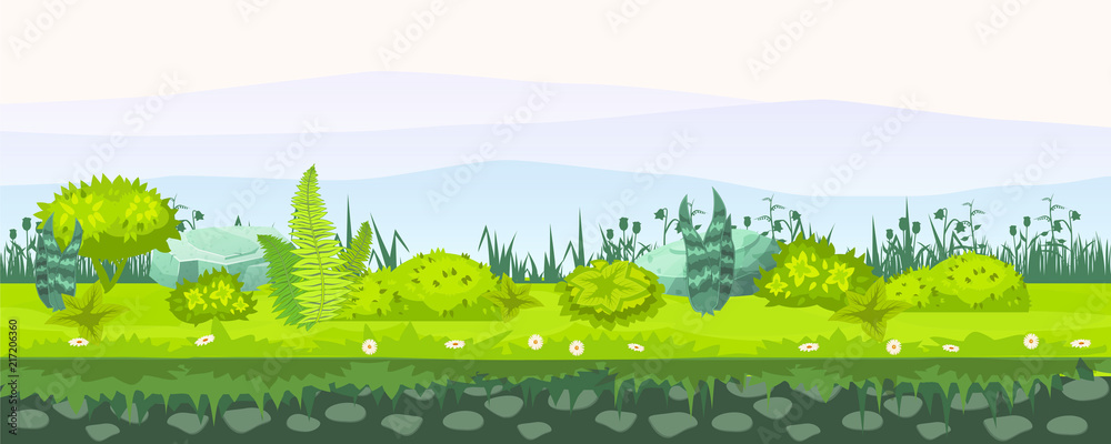 Soil and land with different types of vegetation, grass, foliage ...