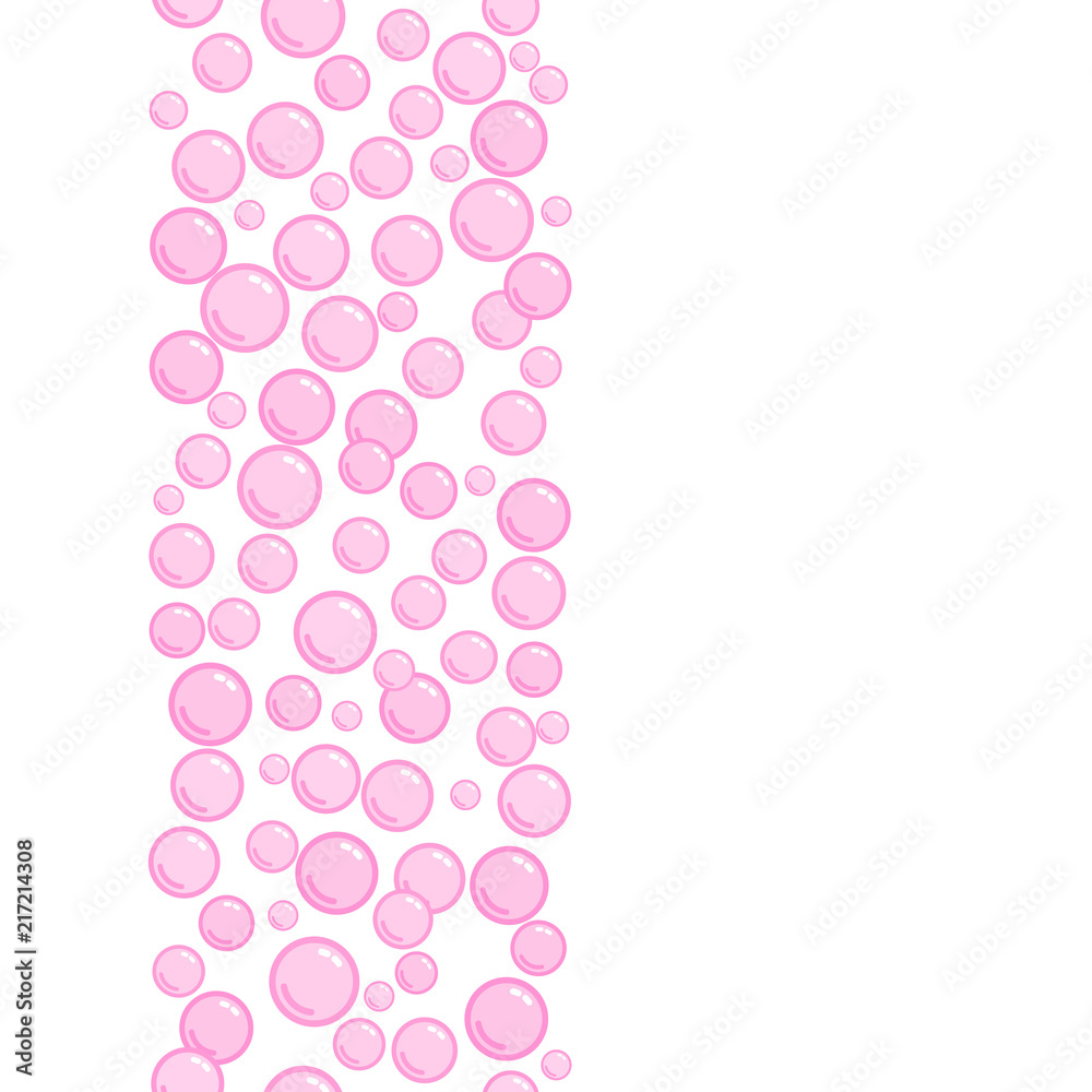 Vertical decorative line with soap bubbles, background with pink water ...