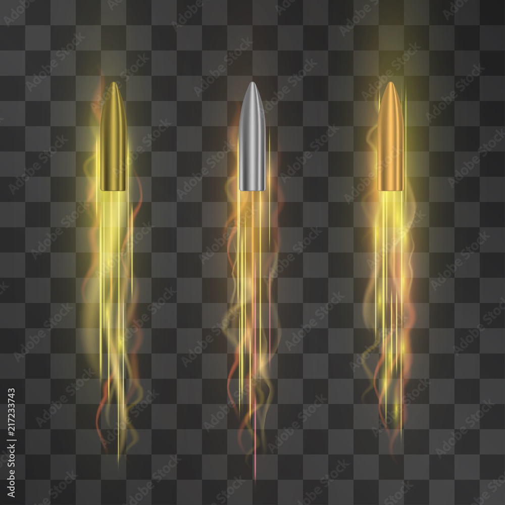 Fired bullets set with shining trails, flying to the target. Aggressive ...
