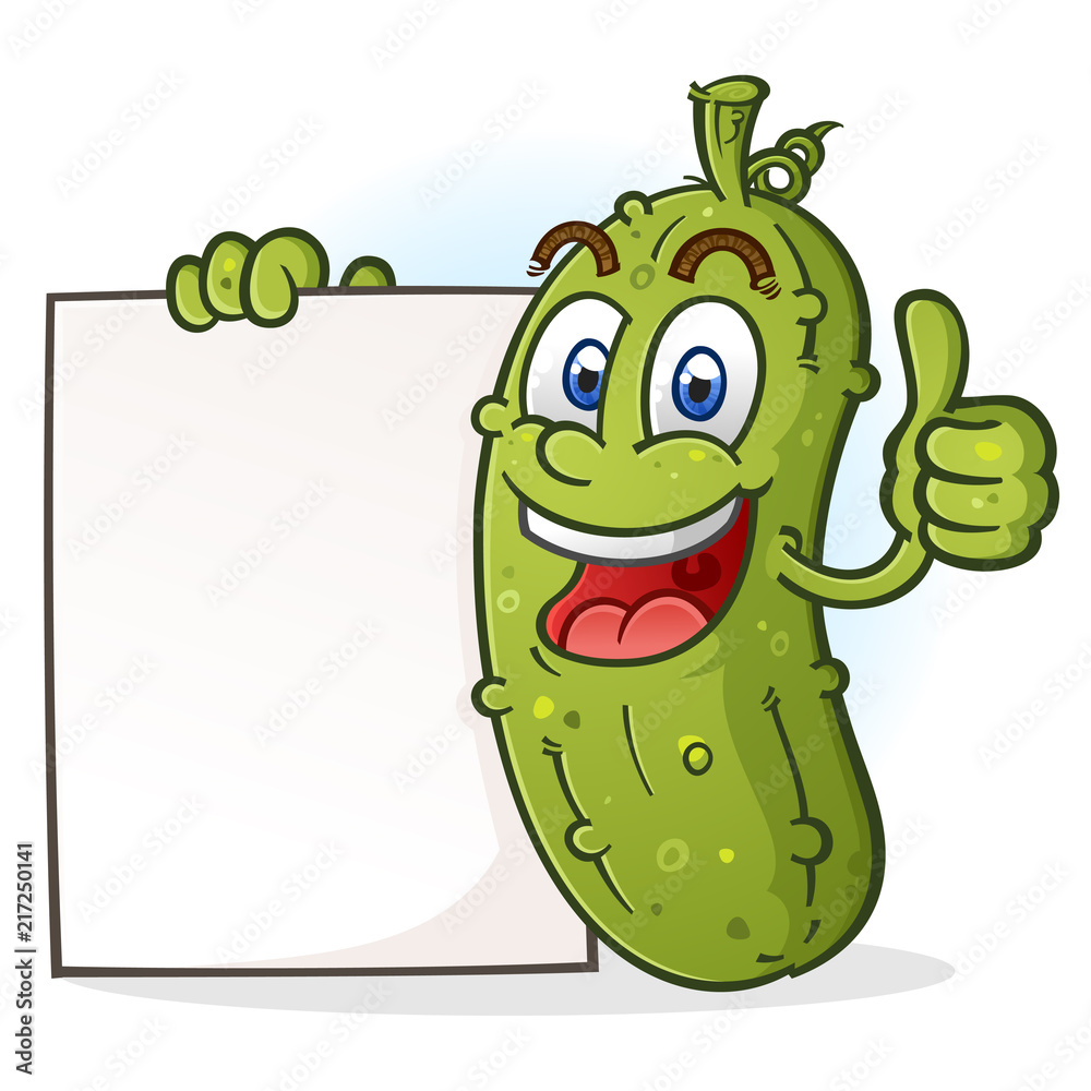 A happy green pickle cartoon Character giving a thumbs up and holding a ...