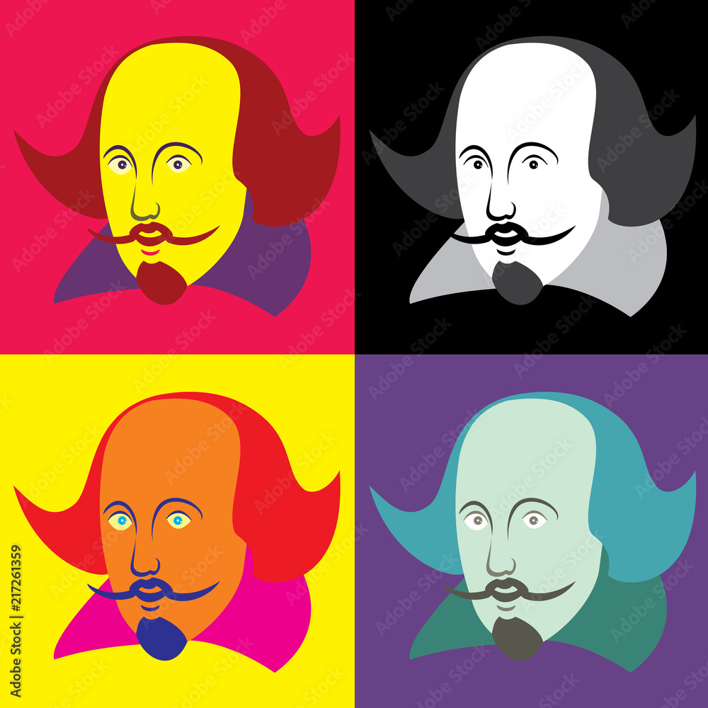 Vector illustration of William Shakespeare in four color schemes on an ...