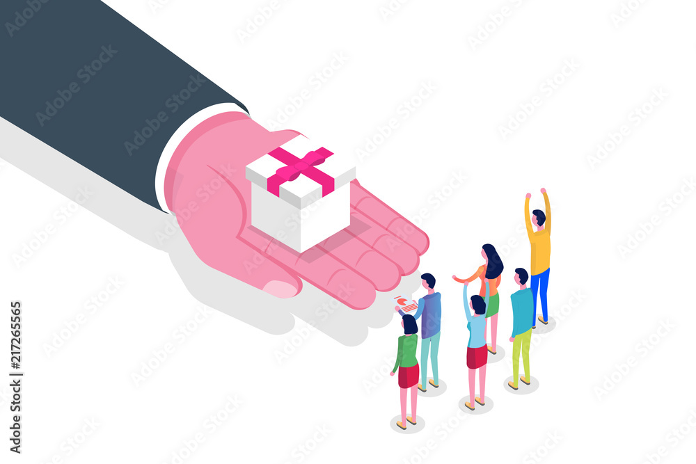 Hand give Giftbox, Present with red ribbon. Vector isometric ...