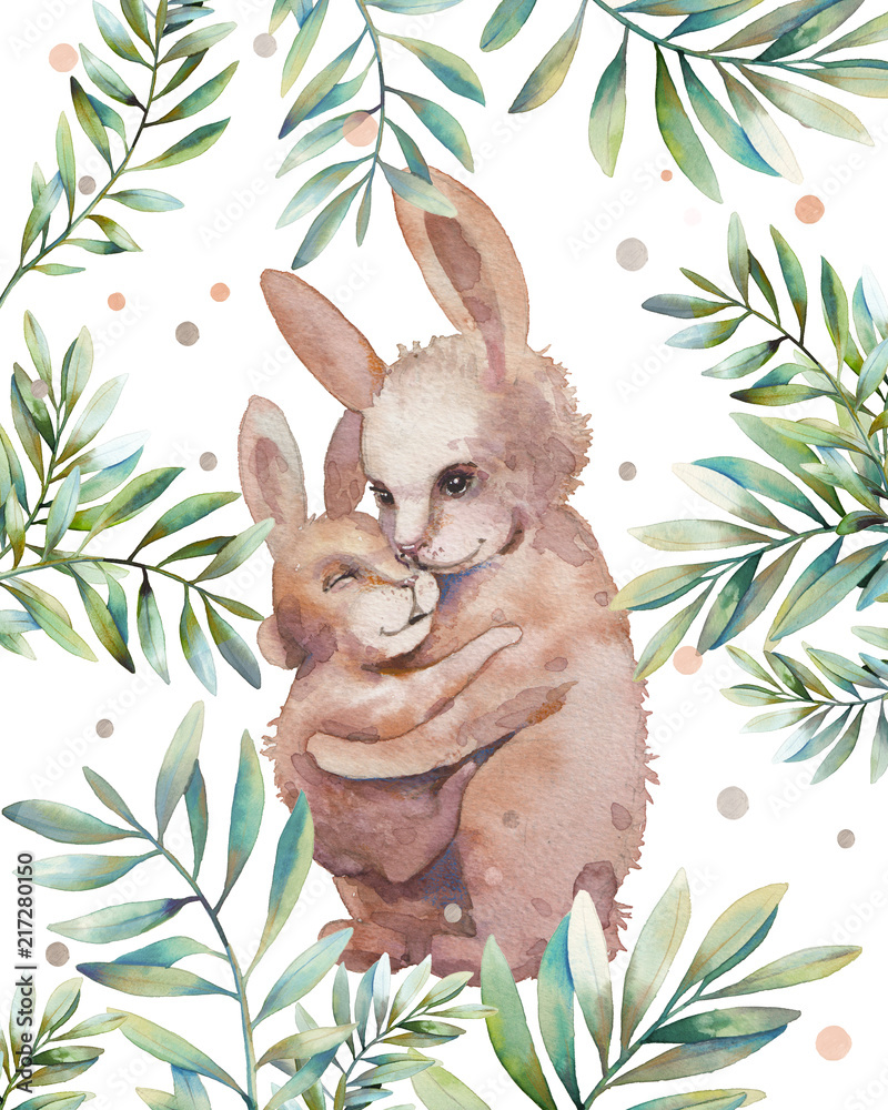 Watercolor bunny illustration. Hand painted rabbit family card with ...