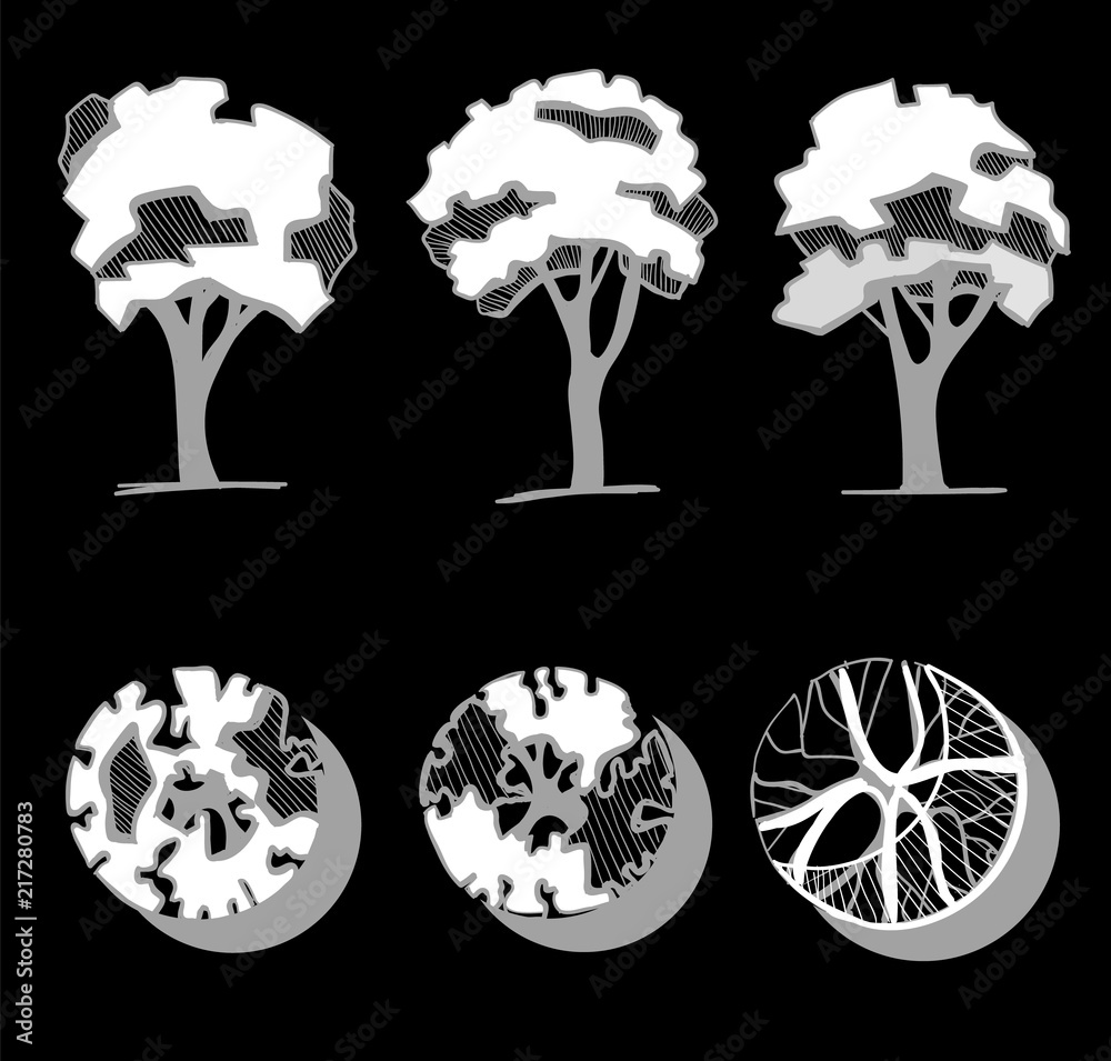 Trees for a landscape design. Different hand drawn trees isolated on ...
