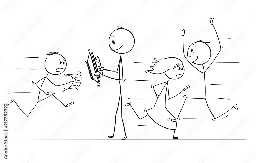Cartoon stick drawing conceptual illustration of confident man walking ...