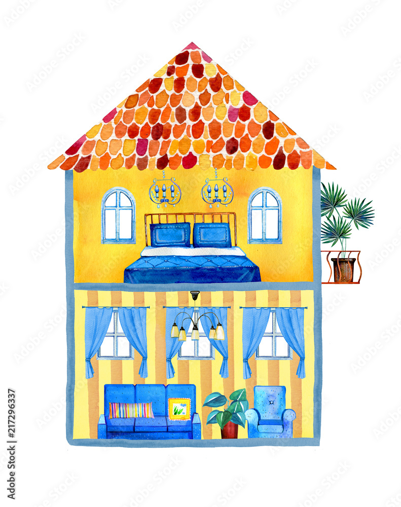 Inside view of two-story cartoon house with furniture and decorations ...