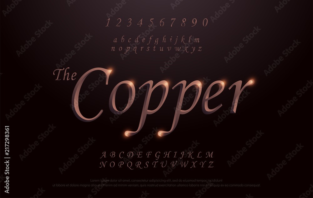 Elegant Copper Colored Metal Chrome alphabet font. Copper typography ...