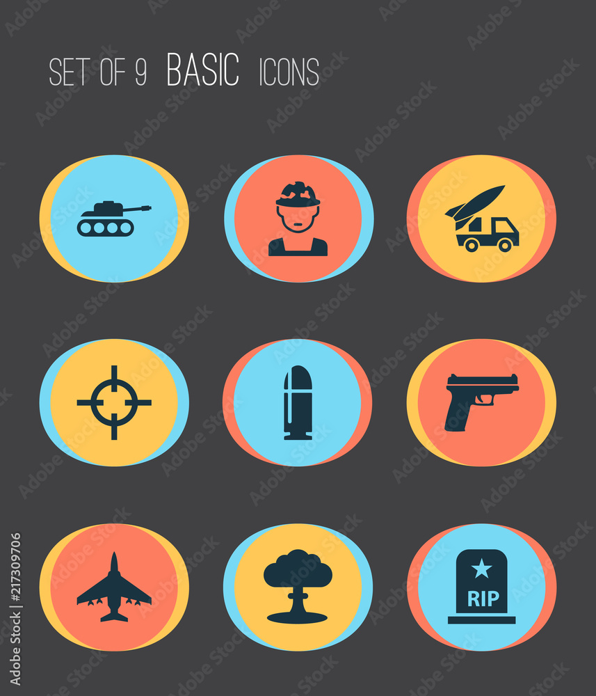 Army icons set with artillery, nuclear explosion, soldier and other ...