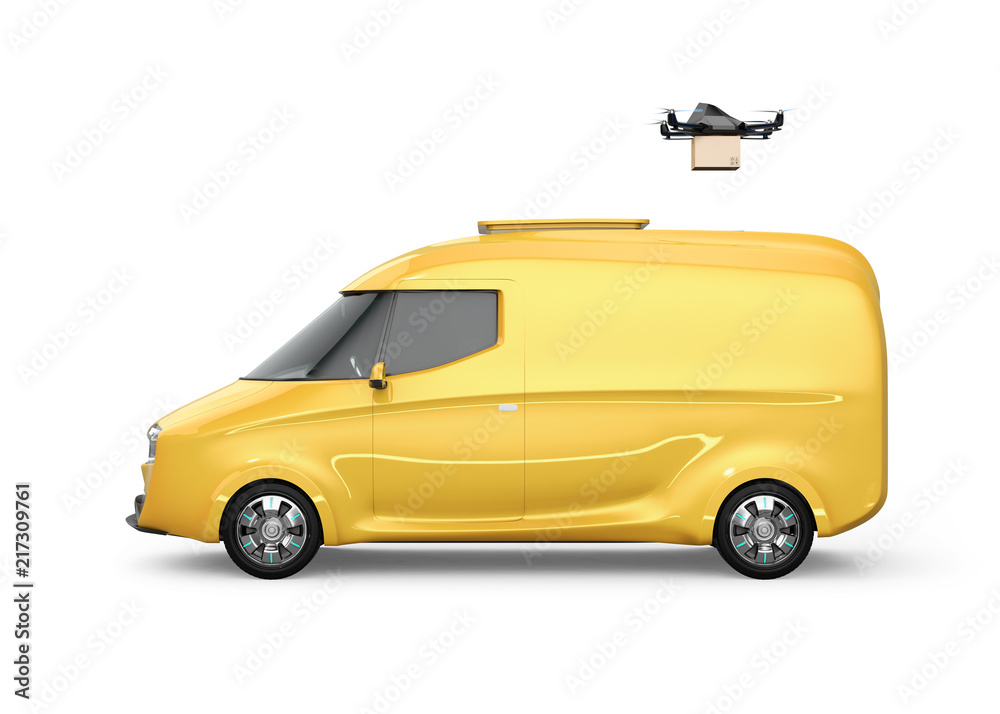 Side view of delivery drone takeoff from yellow electric delivery van ...