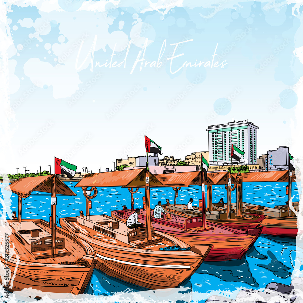 Watercolor splash Old traditional boats on the Bay Creek in Dubai ...
