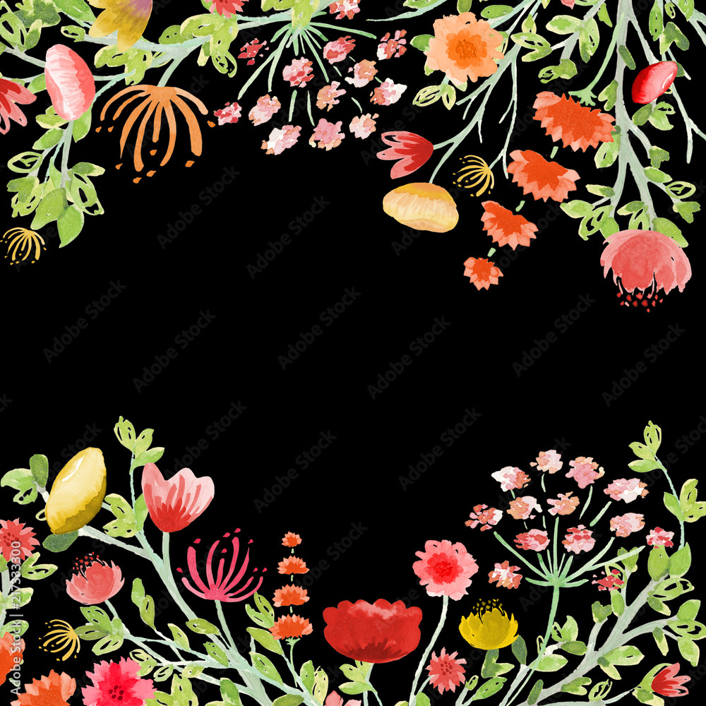 Elegant Hand Painted Pink Red Orange and Yellow Watercolor Floral and ...